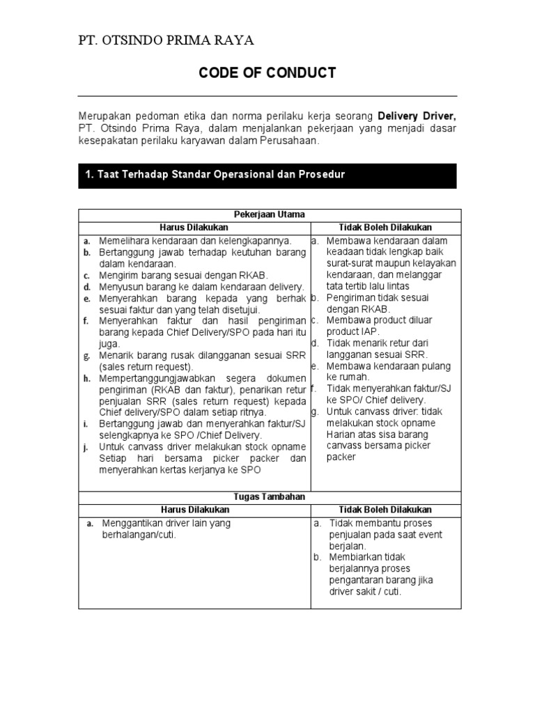 CODE OF CONDUCT - Delivery Driver Final | PDF