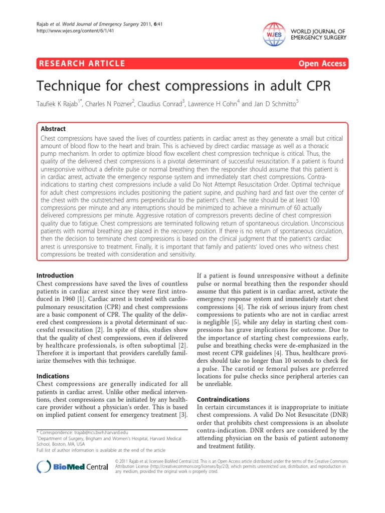Technique For Chest Compressions in Adult CPR | PDF | Cardiopulmonary Resuscitation | Cardiac Arrest