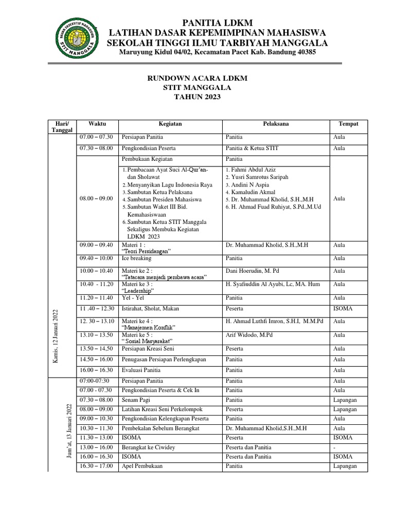 Rundown LDKM STIT Manggala 2023 | PDF