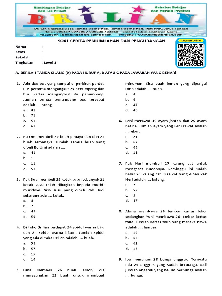 Soal Cerita Penjumlahan Dan Pengurangan Kelas 2 SD - Level 3 | PDF