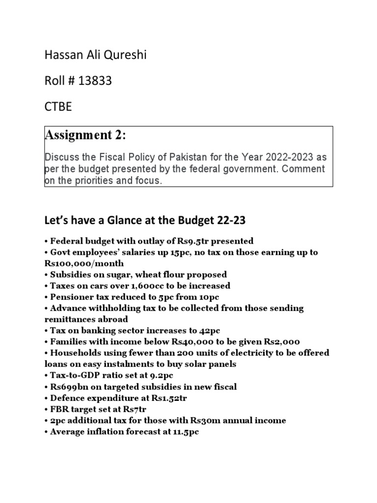 Hassan Ali Qureshi Assignment 2 CTBE Roll 13833 | PDF | Taxes | Government Budget Balance