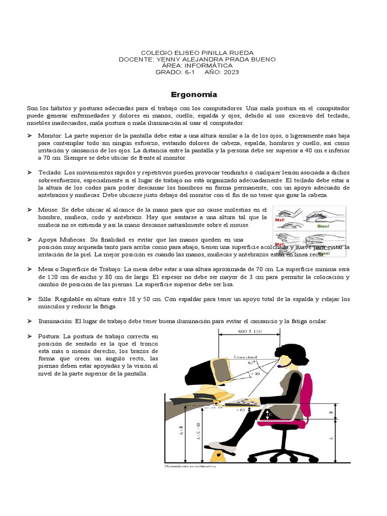 Taller Informatica Grado 6-1 Periodo 1 Ergonomia | PDF | Factores humanos y ergonomía