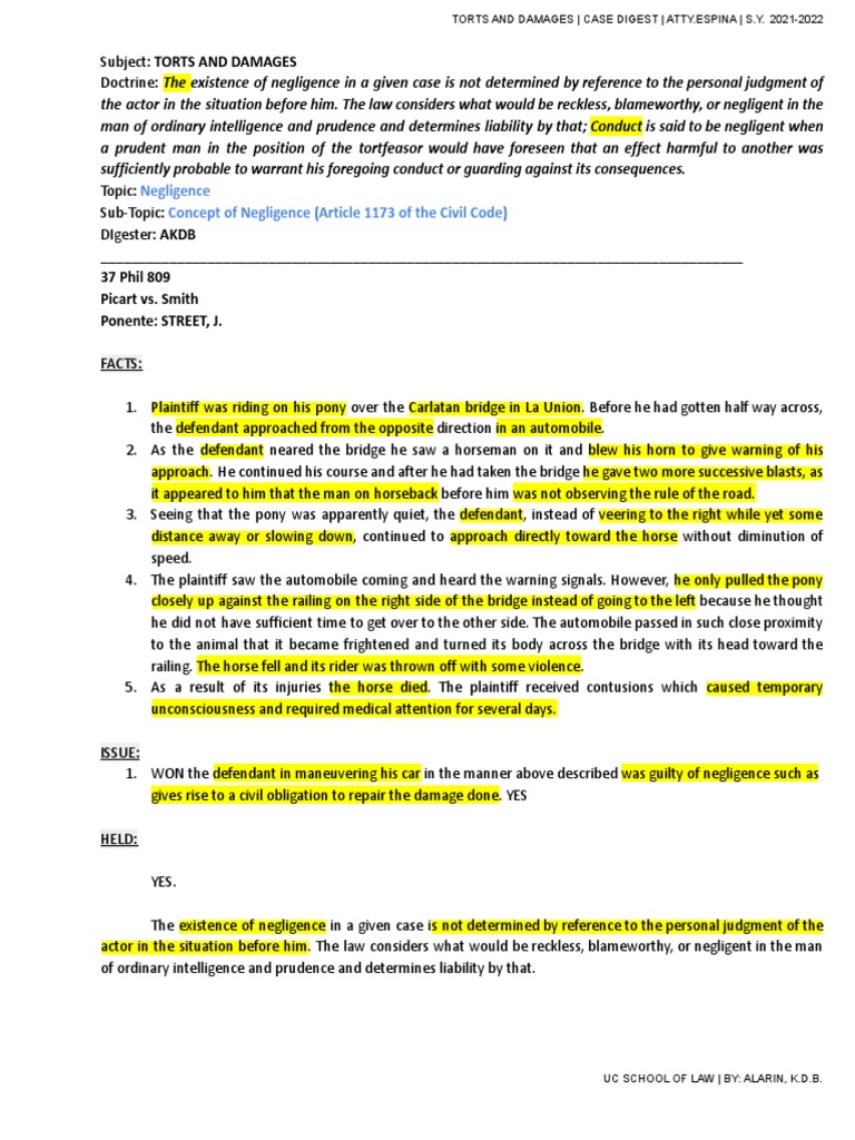 1 Picart vs. Smith, 37 Phil 809 | PDF | Negligence | Damages