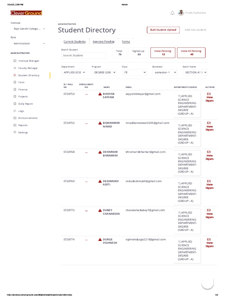 CLG of Engg. List of Group A Section A1 Registration Pending Students ...