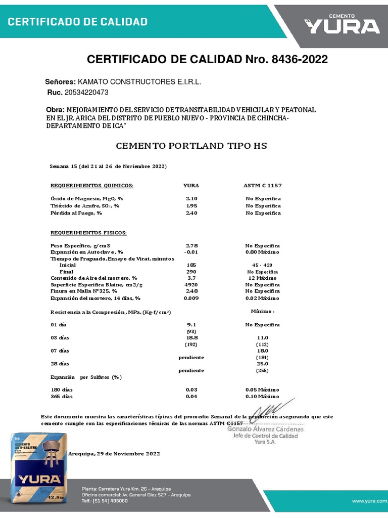 Cert. Cal Cemento HS - Arica - 005 | PDF | Cemento | Sustancias químicas