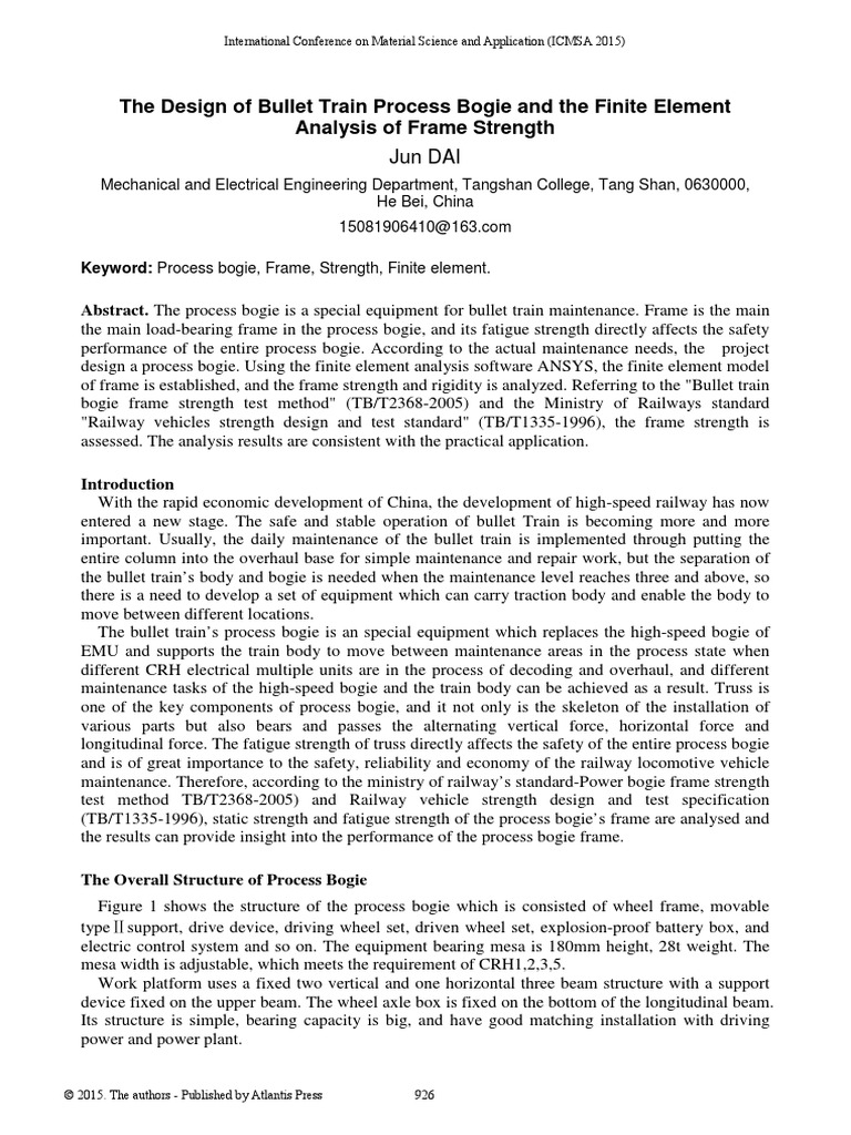 The Design of Bullet Train Process Bogie and The Finite Element ...