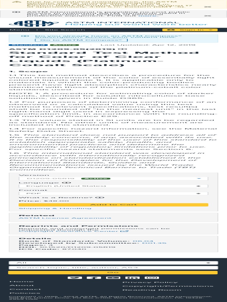 Standard Test Method For Color of Clear Liquids (Platinum-Cobalt Scale ...