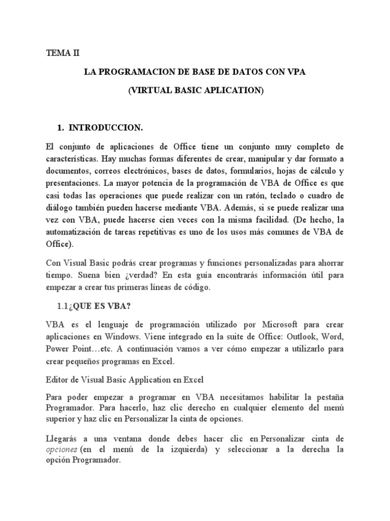 TEMA II Base Datos | PDF | Visual Basic para Aplicaciones | Macro (informática)