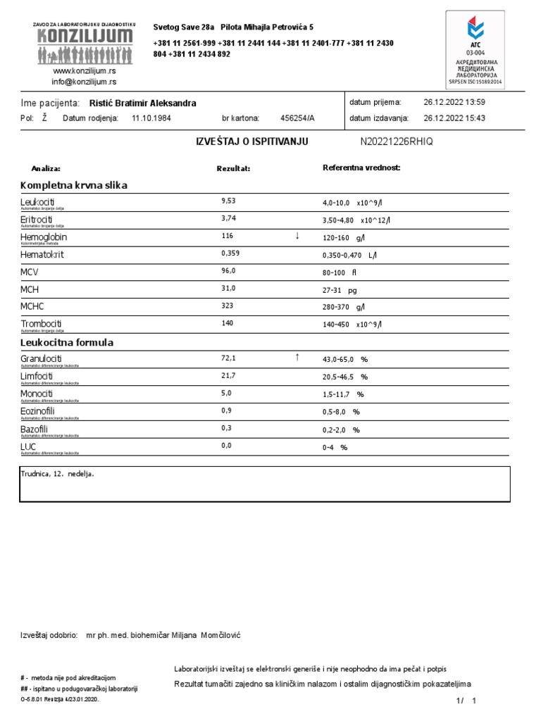 Ime Pacijenta:: Ristić Bratimir Aleksandra | PDF
