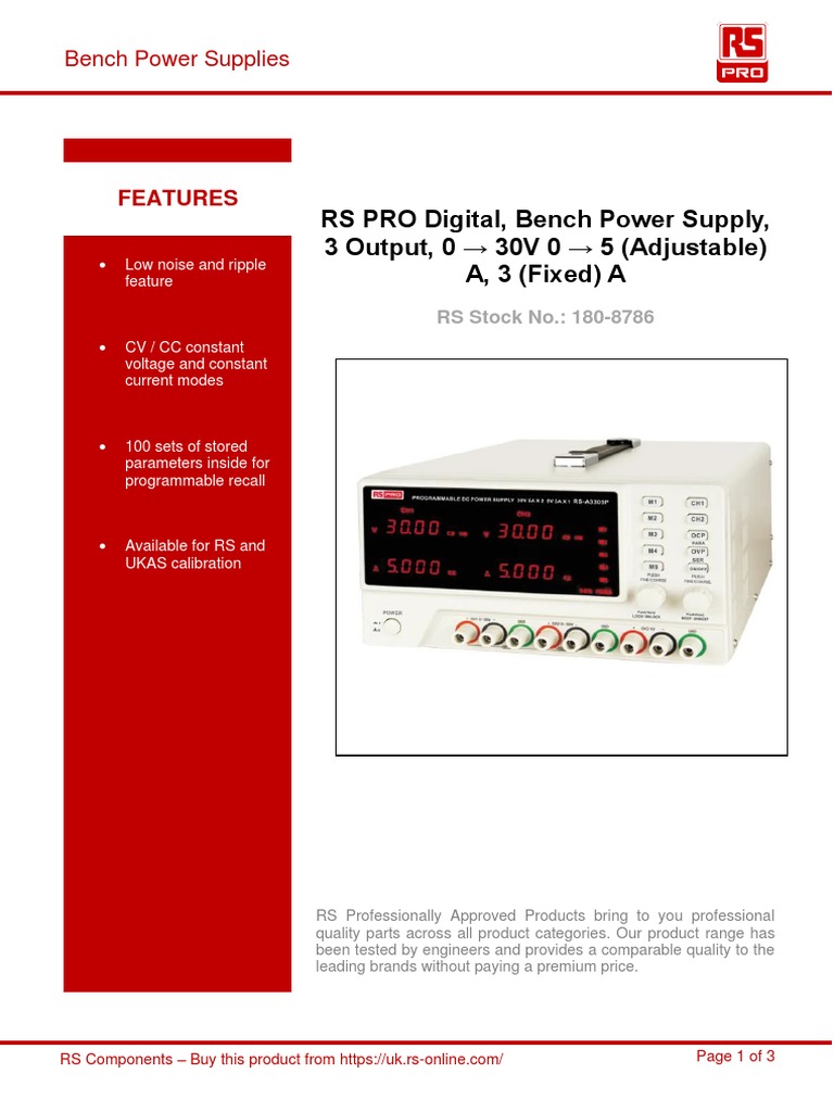 RS PRO Digital, Bench Power Supply, 3 Output, 0 30V 0 5 (Adjustable) A ...