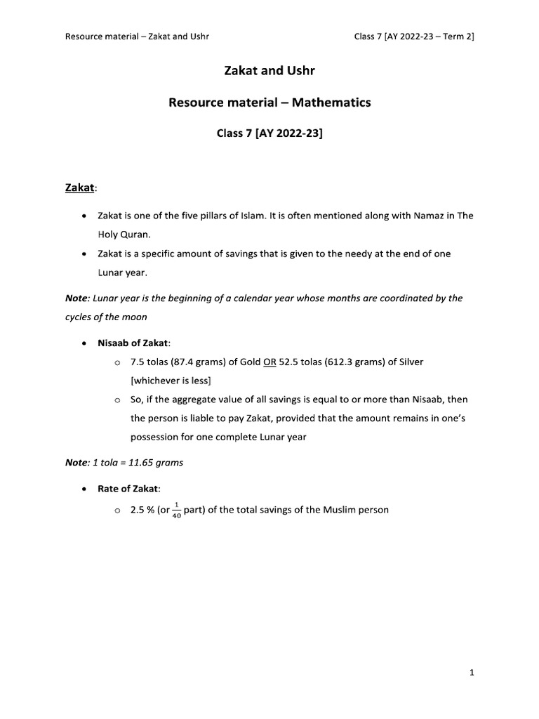 Zakat and Ushr Grade 7 | PDF