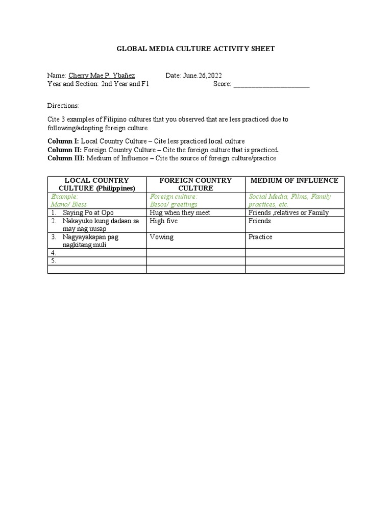 TCW Global Media Culture ACTIVITY SHEET | PDF