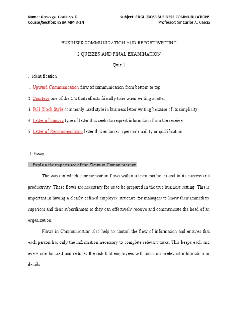 Business Communication and Report Writing 2 Quizzes and Final Exam | PDF | Memorandum ...