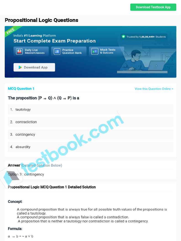 MCQ On Propositional Logic 5eea6a0a39140f30f369dcea | PDF