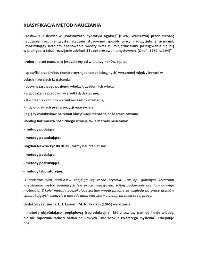 Klasyfikacja Metod Nauczania | PDF