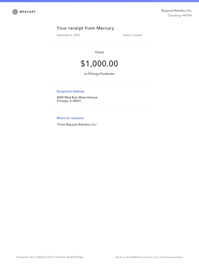 Receipt for $1,000 Check to Chicago Futabakai | PDF