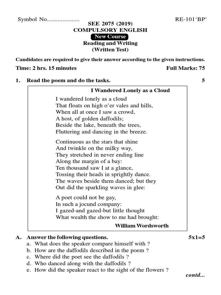 SEE English Questions Paper 2075 (101 Bagmati Pradesh) | PDF | Human ...