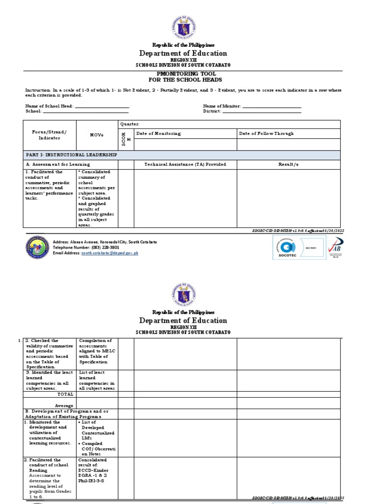 New MONITORING TOOL For School Heads | PDF | Learning | Cognition