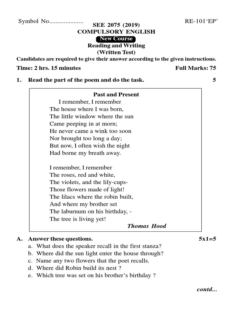 SEE English Questions Paper 2075 (101-EP) | PDF | Academic Degree | Habits