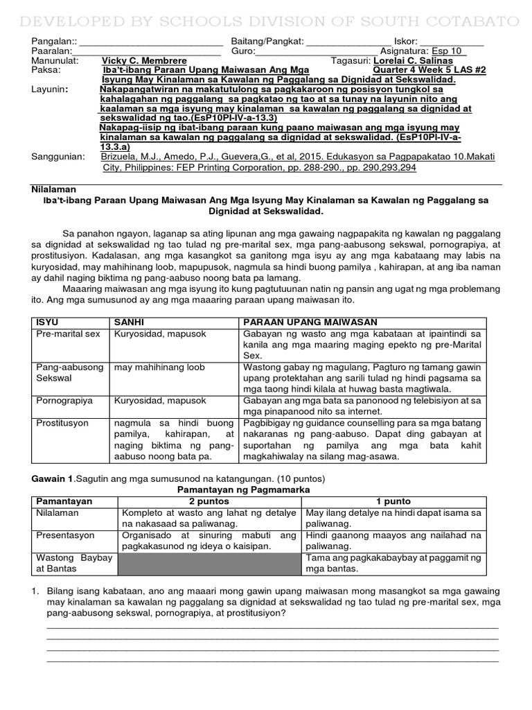 Esp 10 Quarter 4 Week 5 Las 2 | PDF
