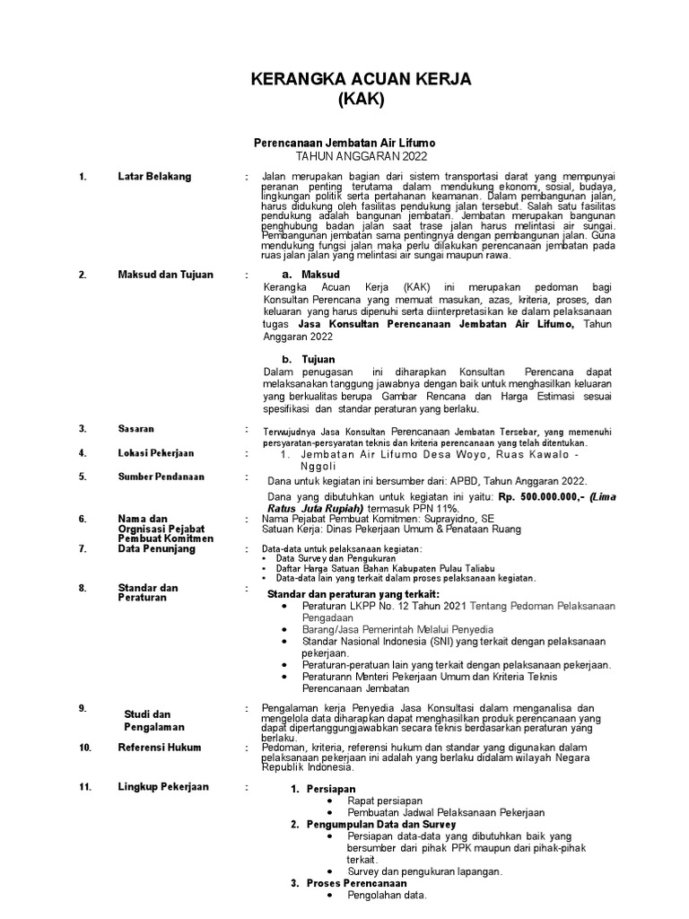 KAK Perencanaan Jembatan Air Lifumo | PDF