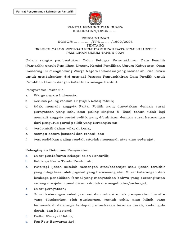 Format Pengumuman, Surat Pendaftaran, Surat Pernyataan, Dan DRH | PDF