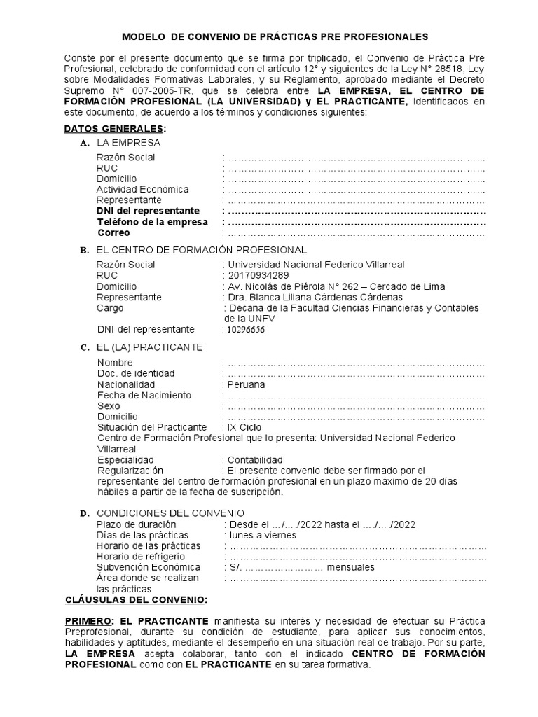 Modelo de Convenio de Practicas Pre Profesionales | PDF | Seguro | Business
