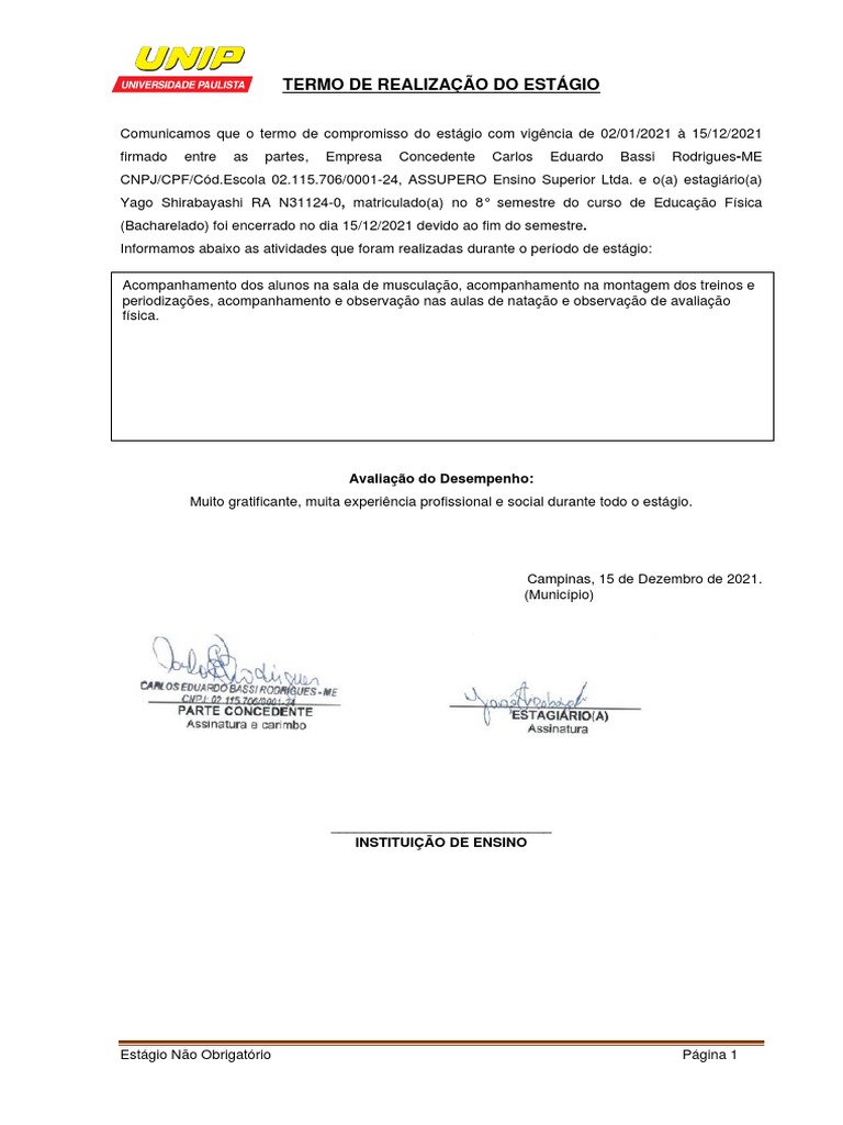 Nao Obrigatorio Termo de Realizacao Do Estagio 2021 | PDF Nao Obrigatorio Termo de Realizacao Do Estagio 2021 | PDF