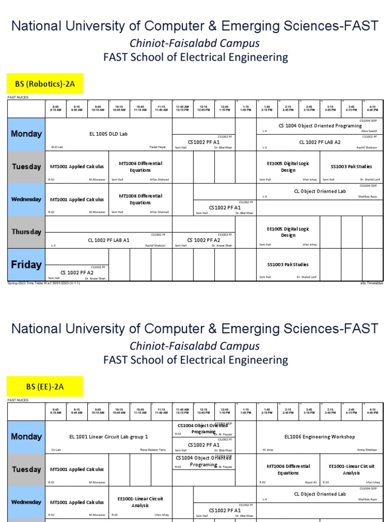 Class Wise Time Table EE Version-1.1 | PDF | Computer Engineering | Electrical Engineering