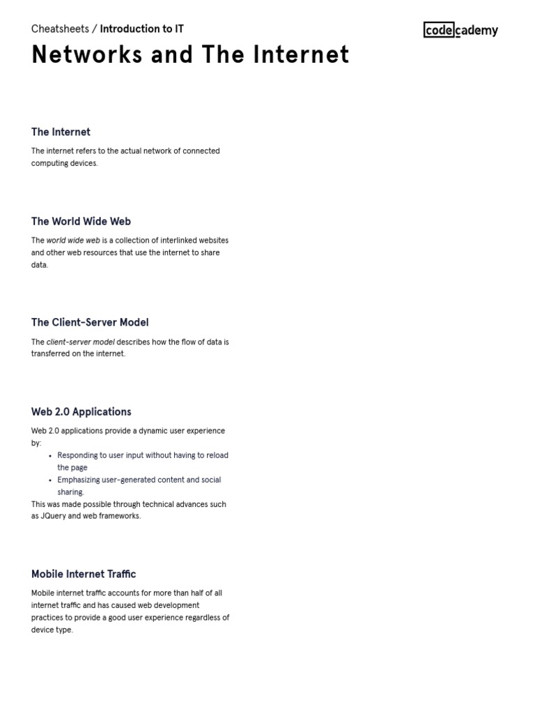 Introduction To IT - Networks and The Internet Cheatsheet - Codecademy | PDF | Computer Network ...