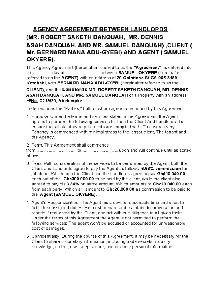 Three-Way Agency Agreement for Property Rental Between Landlords ...