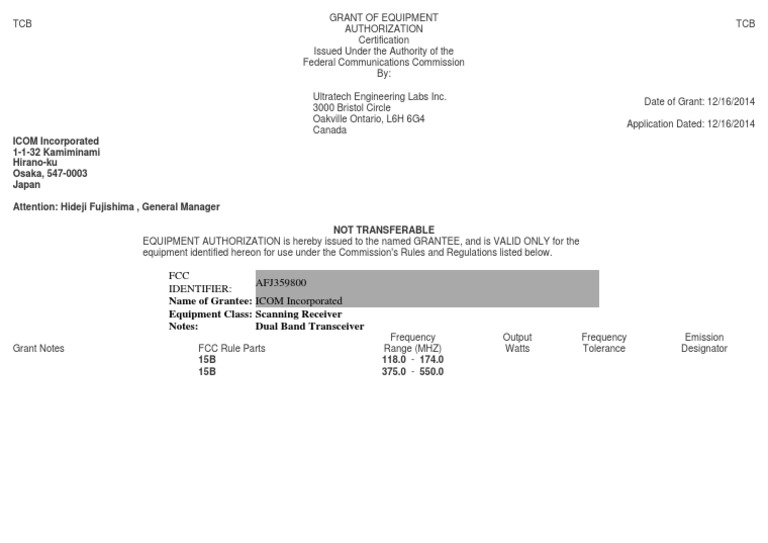 Ic-2730a-Tcb-Fcc Id-Afj359800 | PDF | Electrical Engineering | Broadcasting