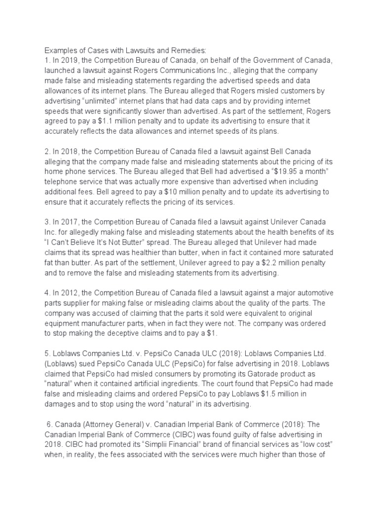 Examples of Cases With Lawsuits and Remedies | PDF | False Advertising ...