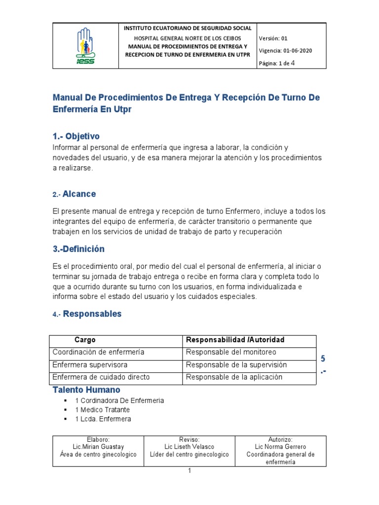 Manual de Procedimientos de Entrega y Recepcion de Turno Utpr | PDF ...