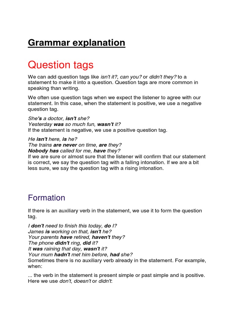 Grammar Explanation QUESTION TAGS | PDF