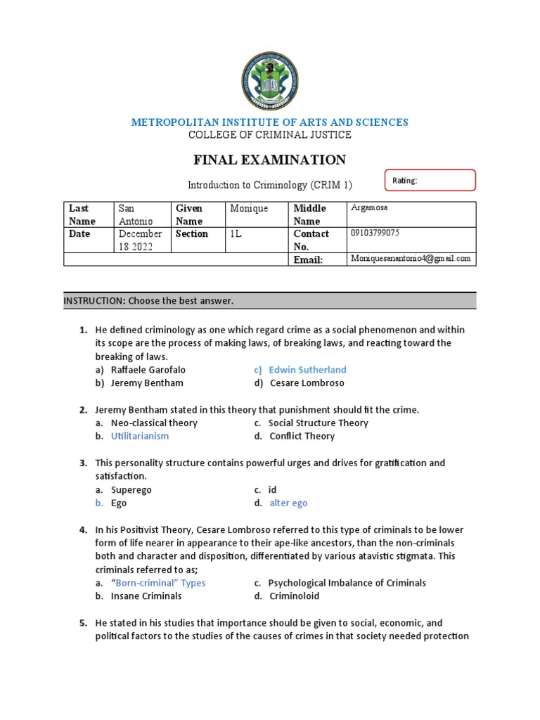 MIAS Final Examination Intro To Crim STUDENT | PDF | Criminology | Crimes