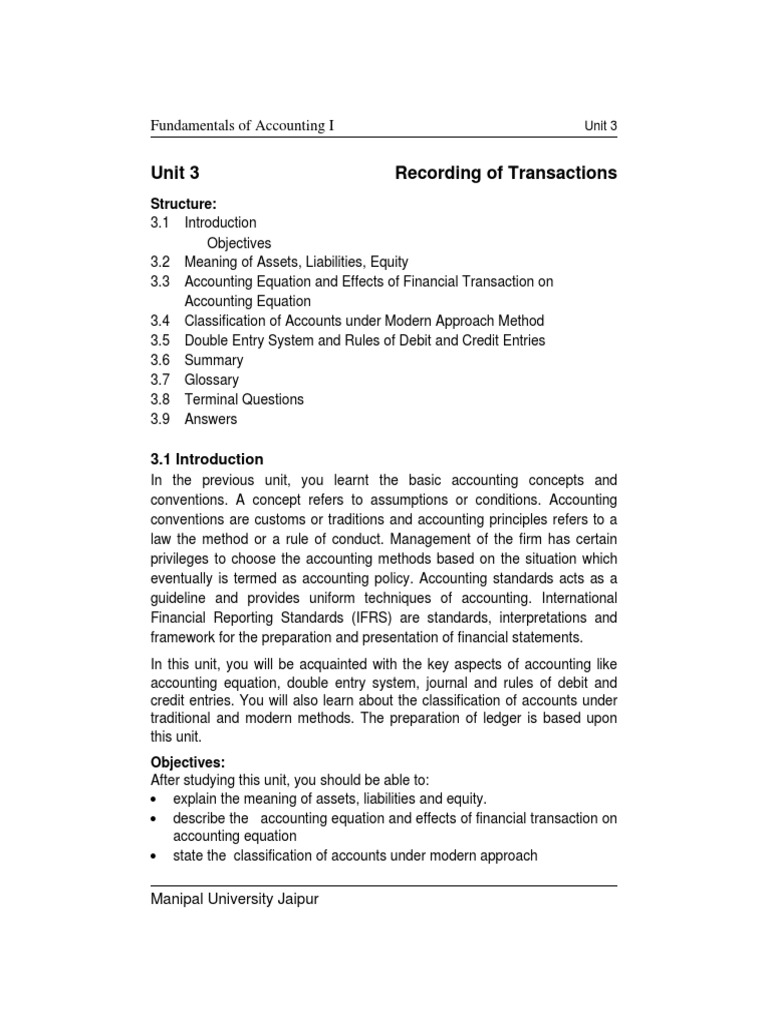 Unit 3 Recording Of Transactions Pdf Debits And Credits Equity Finance