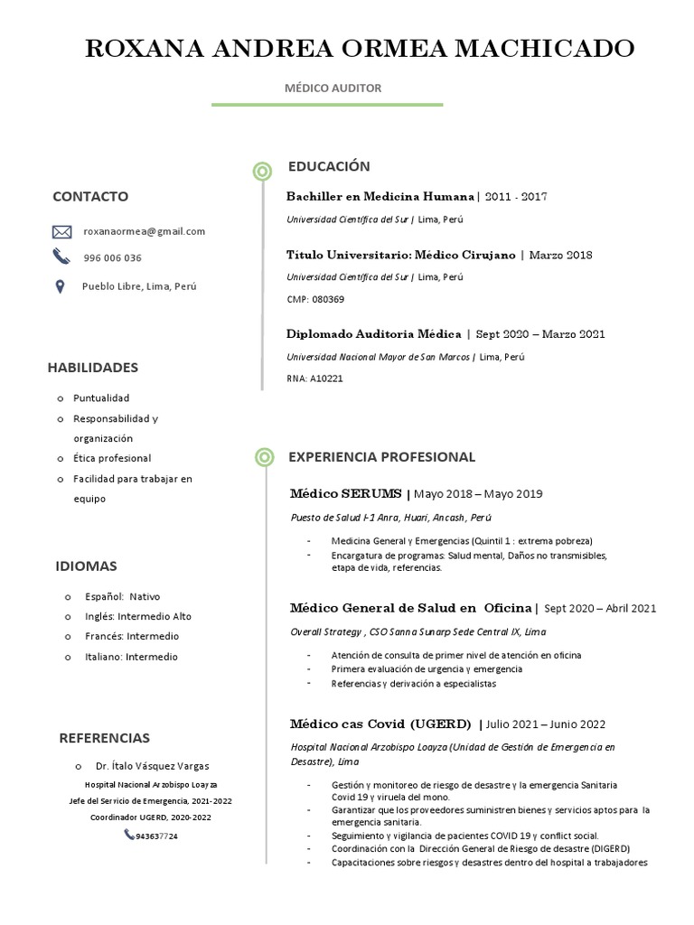 CV Roxana Ormea, Auditora | PDF | Medicina de Cuidados Intensivos | Hospital