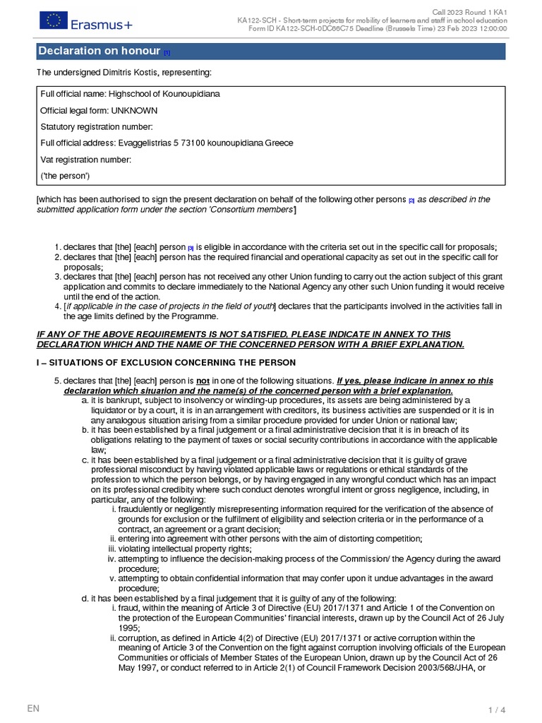 Declaration On Honour | Download Free PDF | European Union | Liquidation