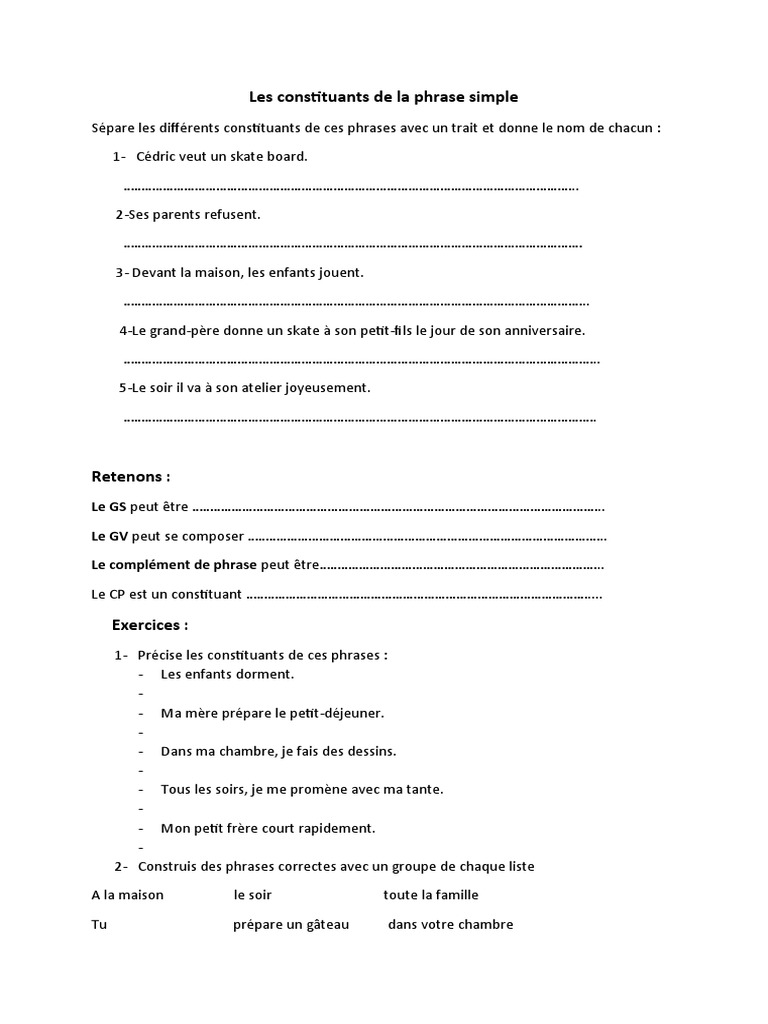 Exercices sur les constituants de phrase | PDF | Maison et jardin