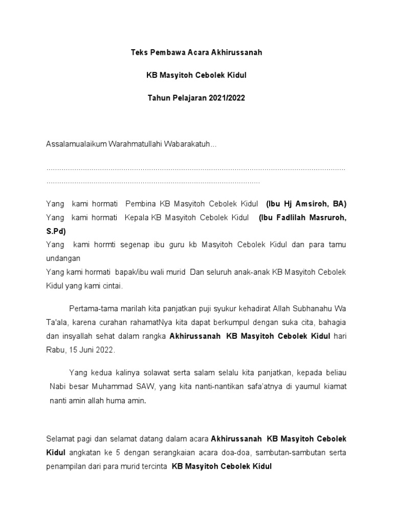 Teks MC Akhirussanah KB Masyitoh | PDF