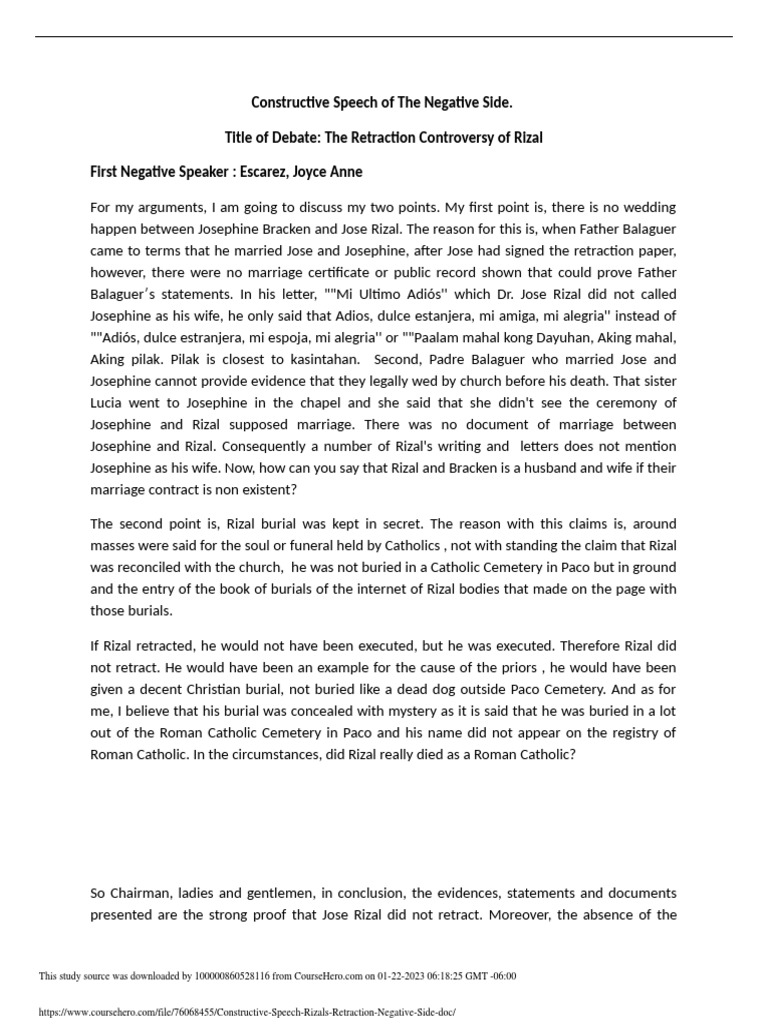 Constructive Speech. Rizal S Retraction Negative Side | PDF