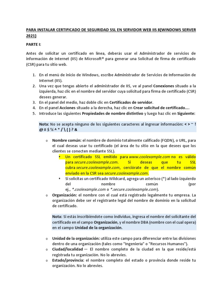 Para Instalar Certificado de Seguridad SSL en Servidor Web Iis 8 | PDF ...