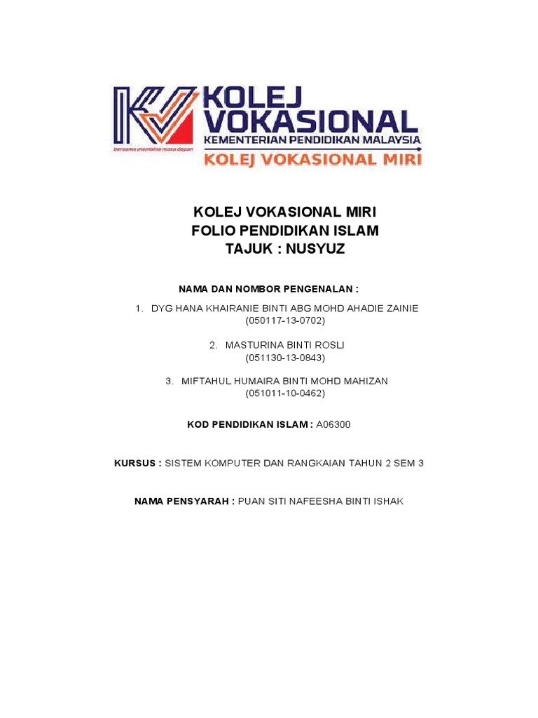 Folio Pendidikan Islam Nusyuz Sem 3 2022 - Kolej Vokasional Miri | PDF
