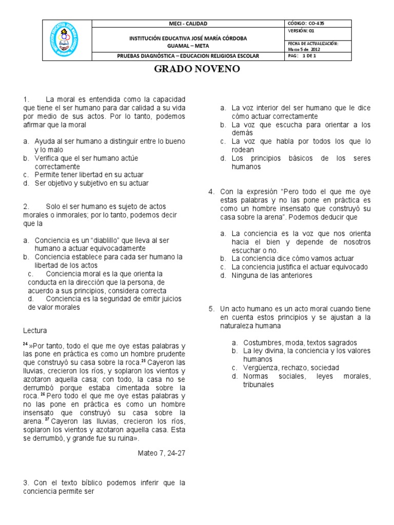 Prueba Diagnostica Religion Noveno | PDF | Moralidad | Etica Aplicada