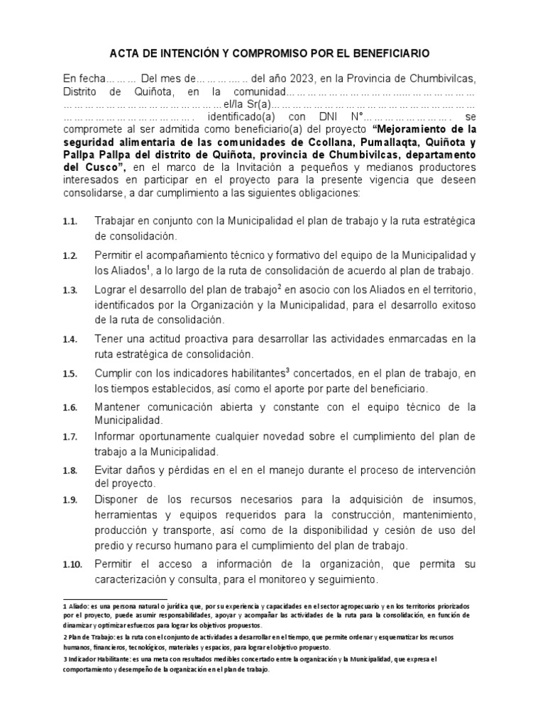 Acta de Compromiso Por El Beneficiario de Un Proyecto | PDF