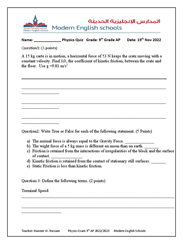 9th Grade AP Physics Quiz | PDF