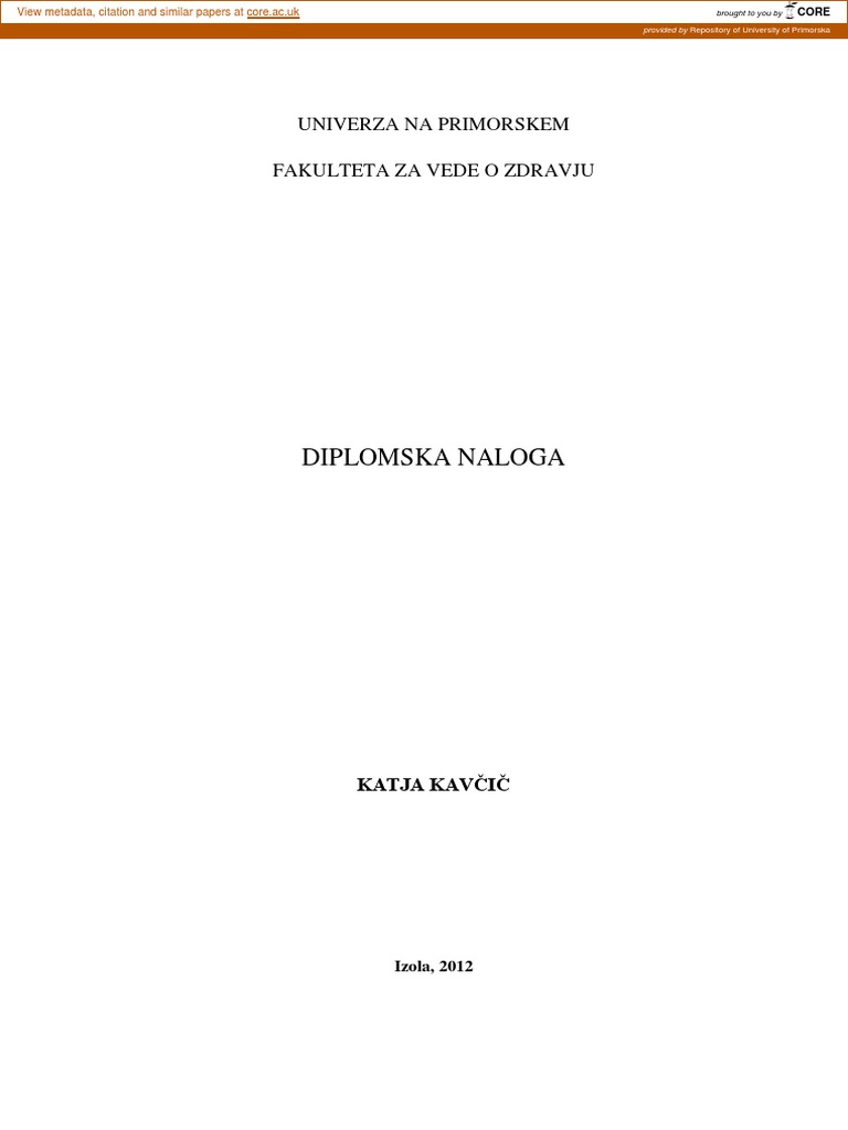 Diplomska Naloga: Univerza Na Primorskem Fakulteta Za Vede O Zdravju | PDF