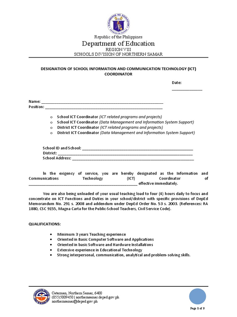ICT Coordinator Designation Guidelines | PDF | Educational Technology | Information Technology