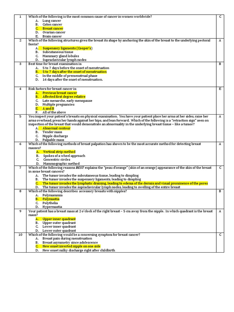 10 Quiz Answers | PDF | Breast | Cancer